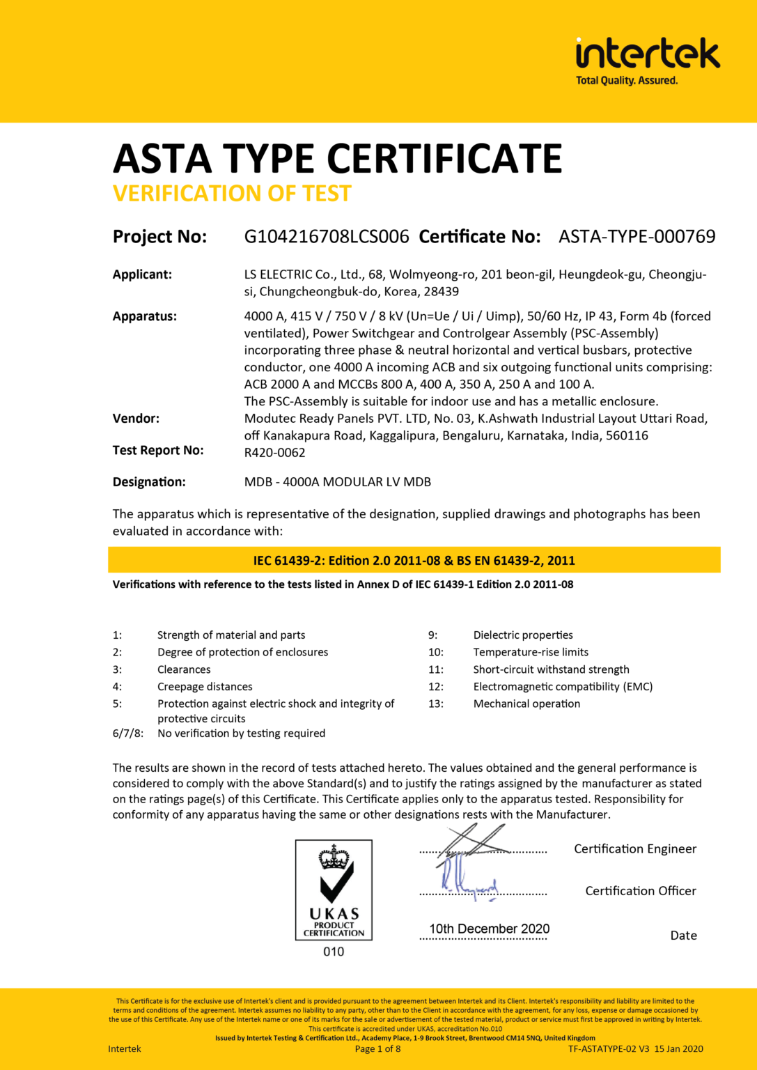 Certifications | Modutec Ready Panels